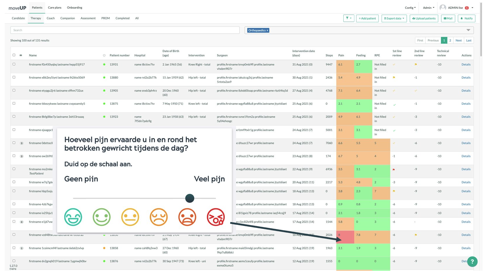 HCP Platform : Patient overview – Support orthopedics – moveUP